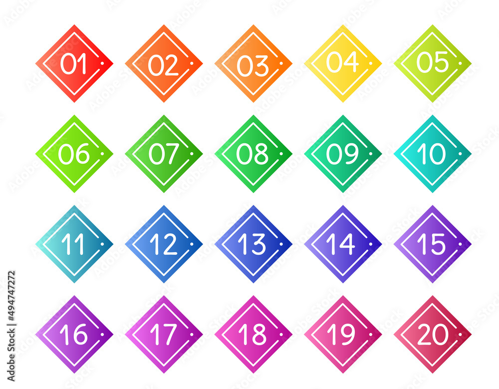 Bullet numbers. Infographic buttons and points. Icon with numbers from 1 to 20. 3d pointers for ...