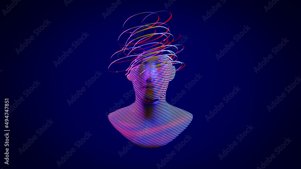 3d digital abstract human face on a dark background. Futuristic face ...