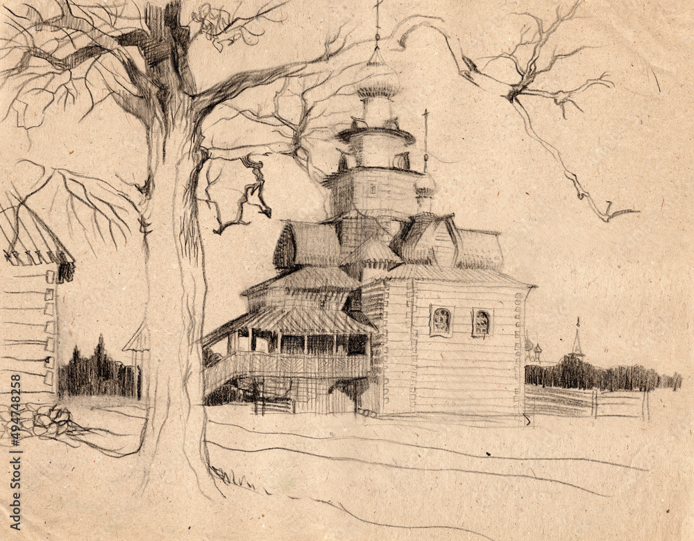 Black and white pencil drawing on an aged beige paper.Landscape in the ...