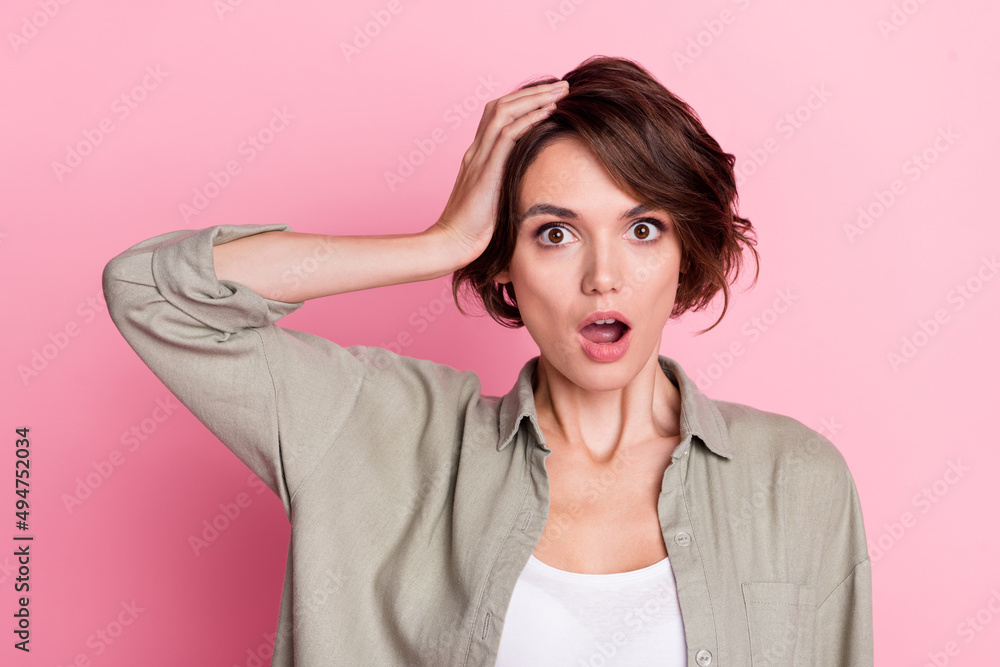 Photo of lady impressed incredible message hands head open mouth shout ...