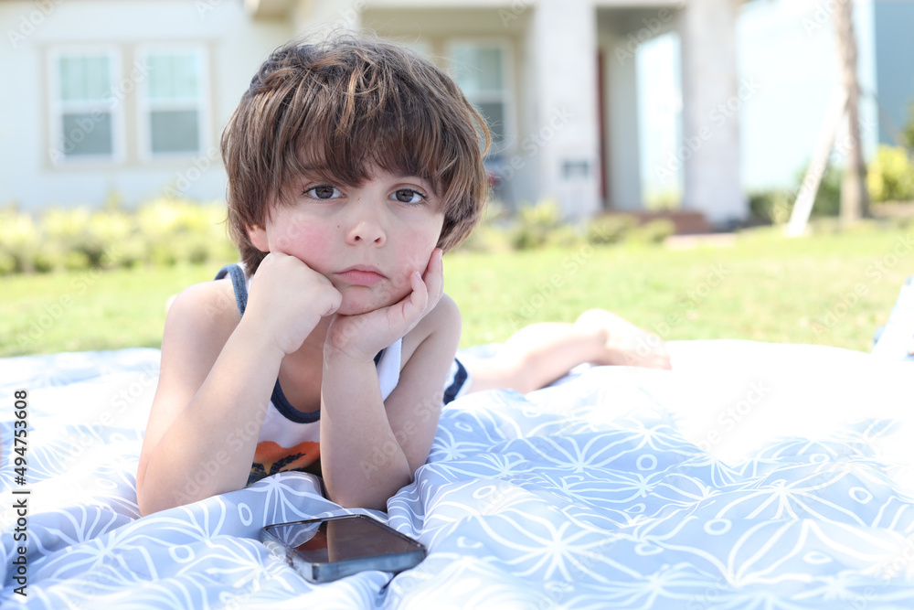 Little boy in the park on a blanket in front of a neighborhood of ...