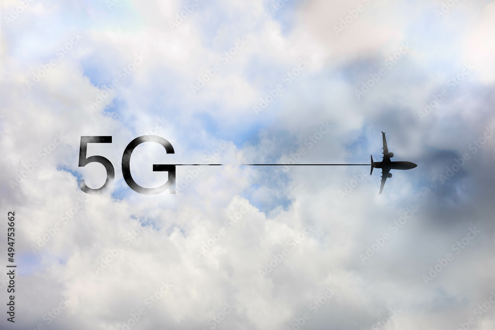 5G signal transmission line with plane. Silhouette of flying airplane ...