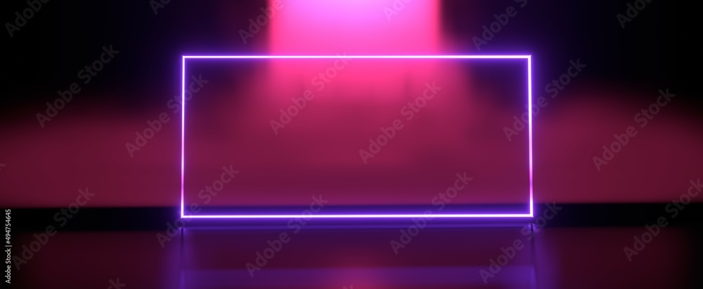 Glowing purple frame in red fog. Neon rectangle with 3d render digital ...