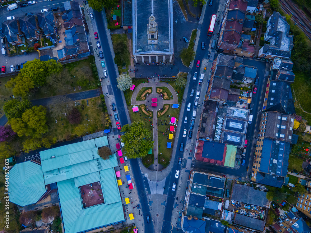 Top-down view of Church building and green roof of library building ...
