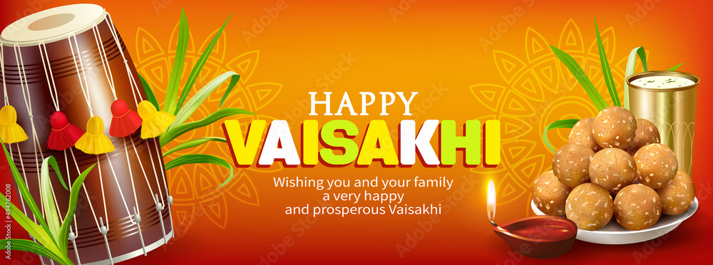 Greeting banner with dhol (drum) and traditional sweets laddu for ...