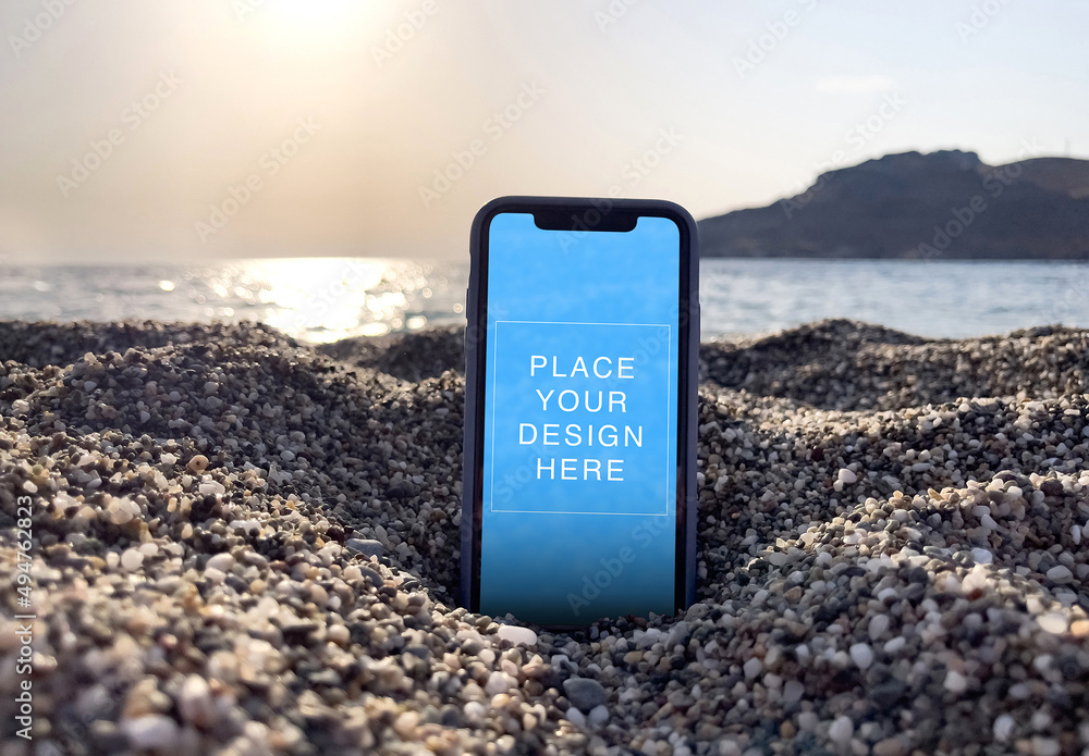 Phone Screen Mockup on the Sea Rocky Sand Beach Stock Template | Adobe ...