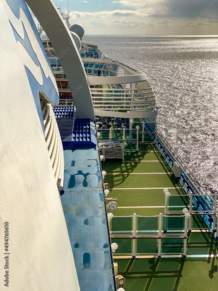 Emerald Princess Cruise ship. Starboard side upper decks and balconies ...