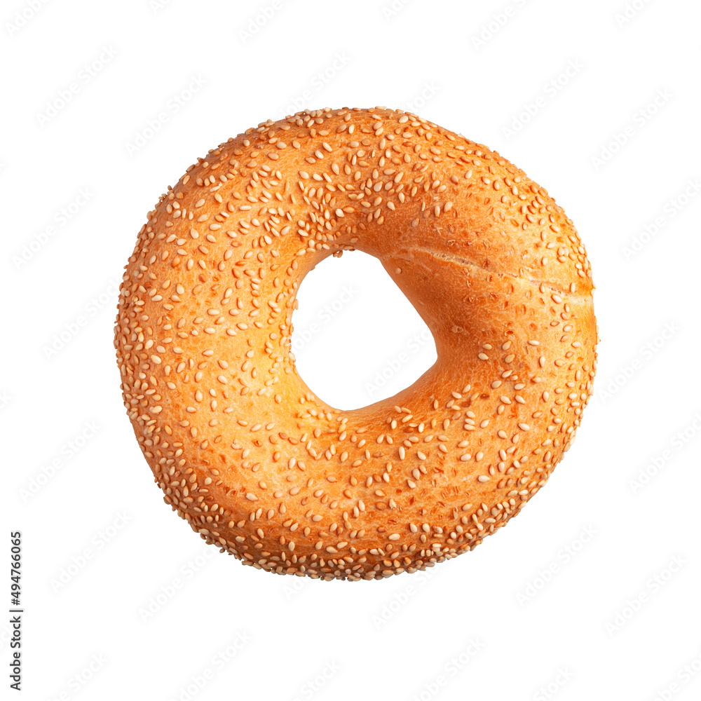 Fresh round wheat bagel with sesame seeds isolated on white background ...