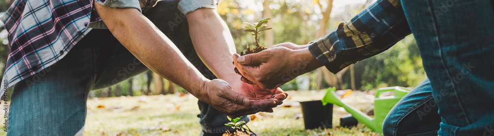 Two men are planting trees and watering them to help increase oxygen in ...
