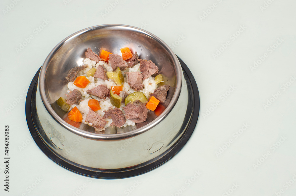 Bol de comida casera de perro, carne, arroz y verduras Stock Photo ...