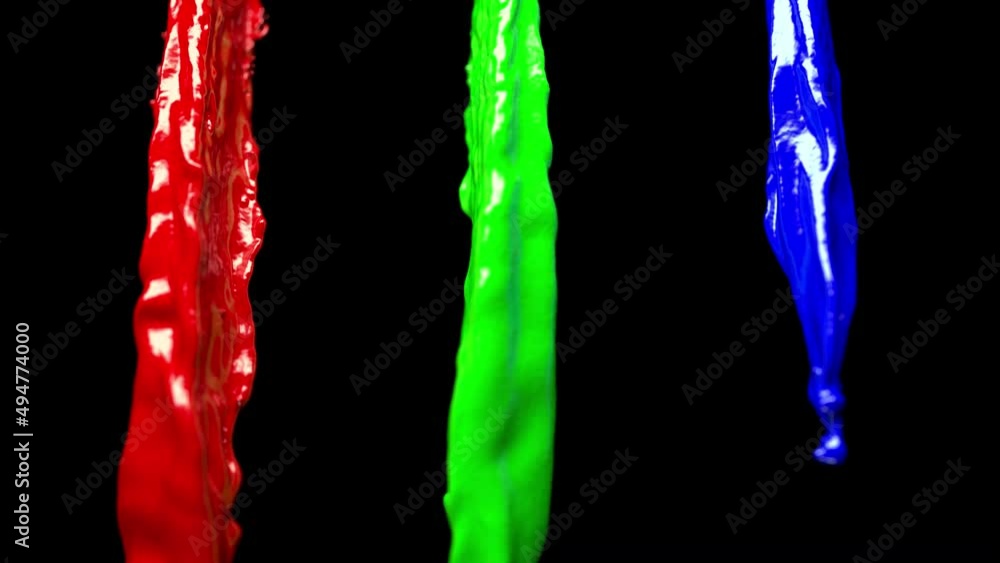 RGB flows of paint. Red, green and blue liquids. 3D animation of ...
