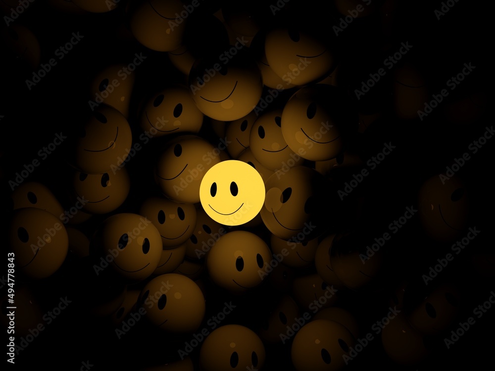 Many flying balls with sad faces and one smiling yellow ball. Social media and communications ...