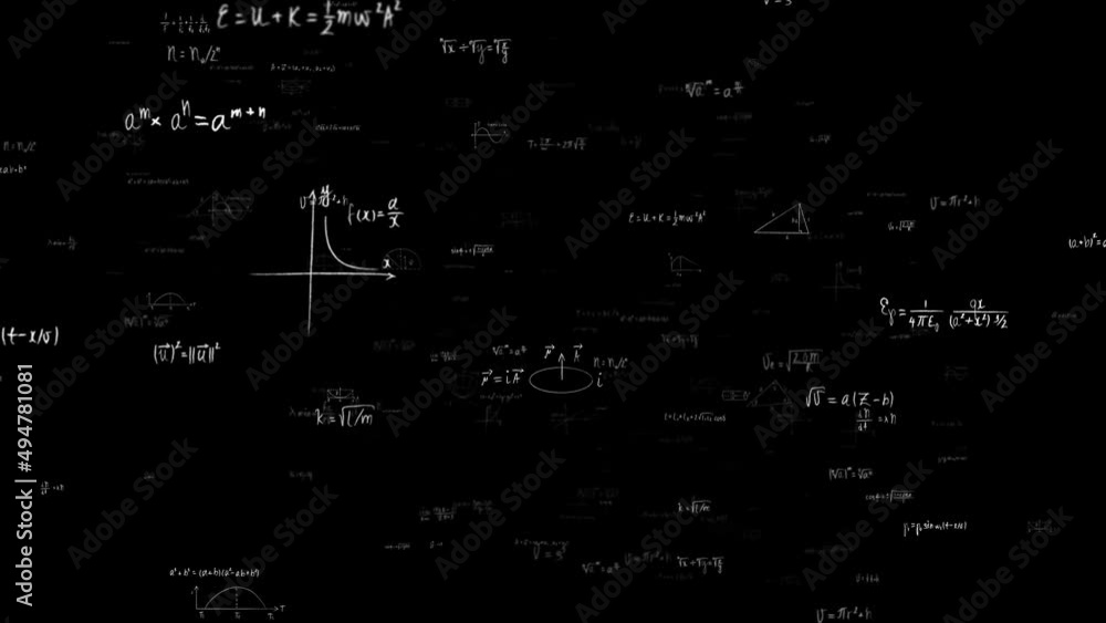 Camera flies Through matrix made up of White Math formulas and Equation. Handwritten geometrical ...
