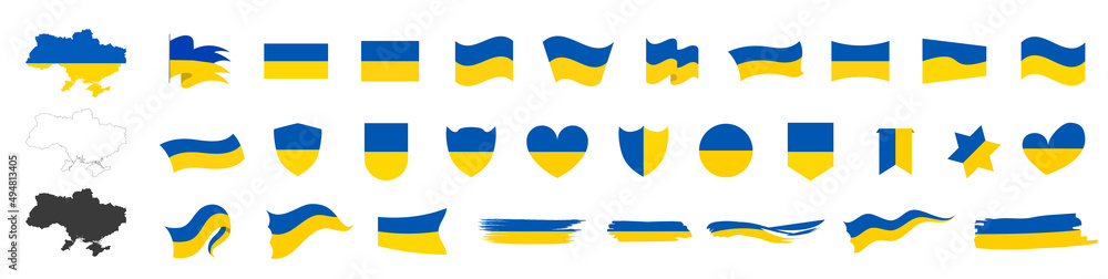 Ukraine flag set. Ukraina map on a transparent background. Waving ...