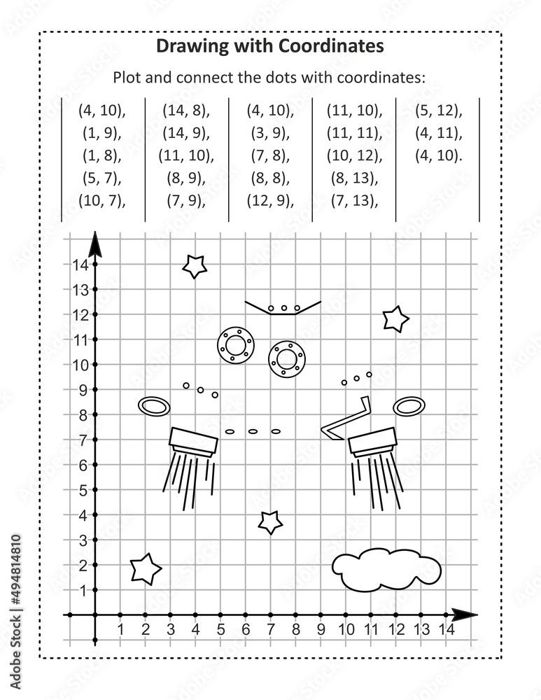 Coordinate graphing, or drawing by coordinates, math worksheet with ufo ...