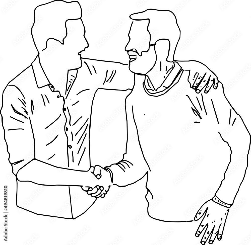 Outline sketch drawing vector of two man friends shaking hands with ...