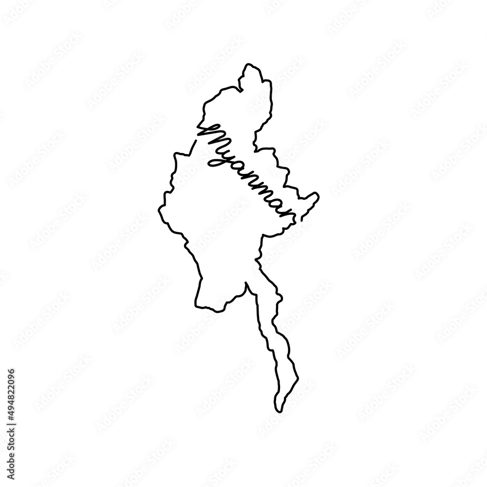 Myanmar outline map with the handwritten country name. Continuous line ...