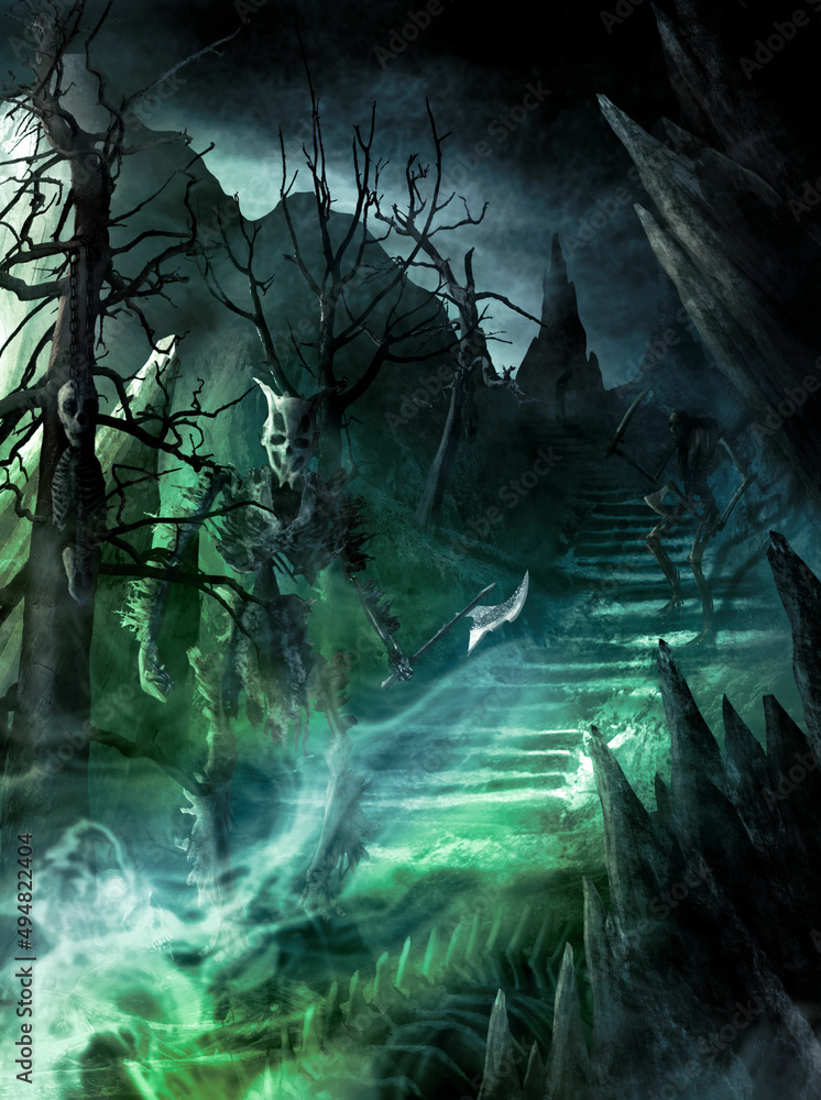 The land of the dead with creepy characters, a mountain pass ...