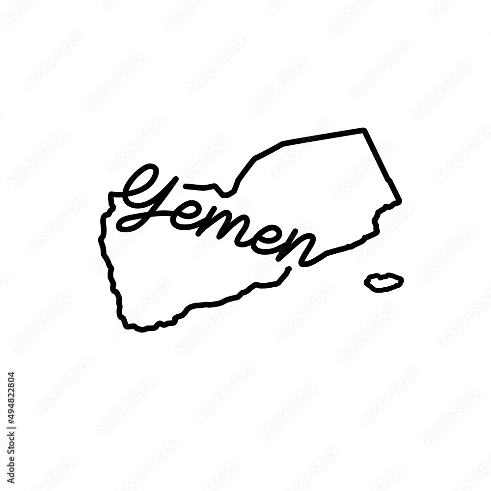 Yemen outline map with the handwritten country name. Continuous line ...
