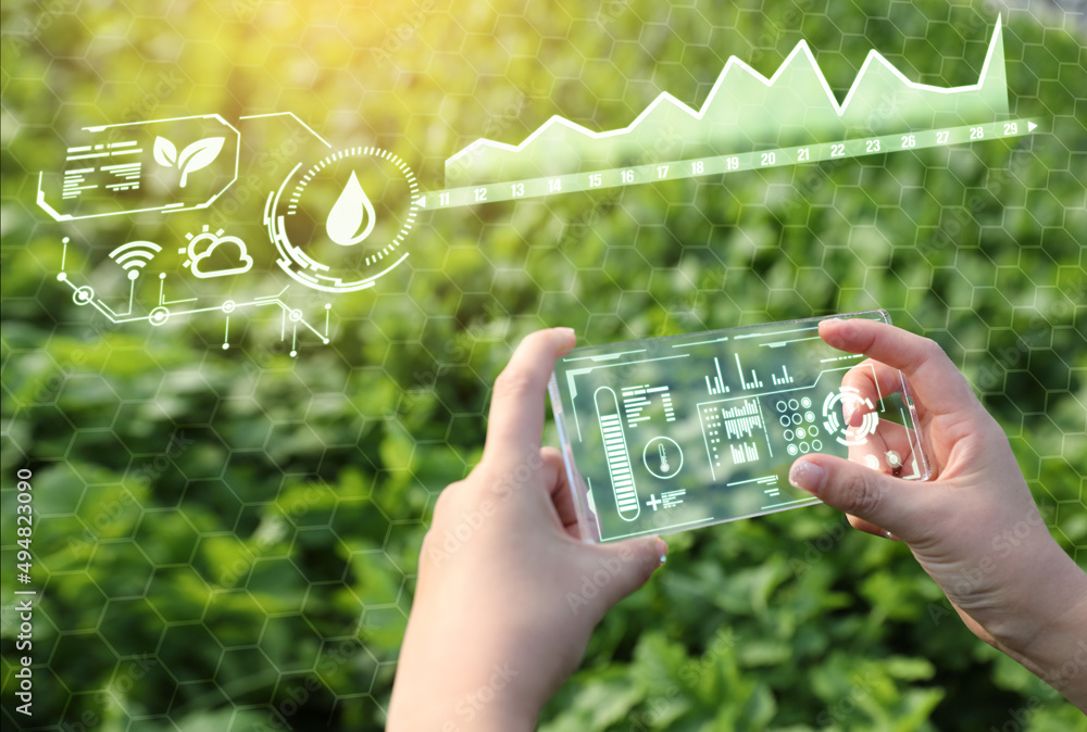 Managing crops using AR devices in smart farm facilities Stock Photo ...