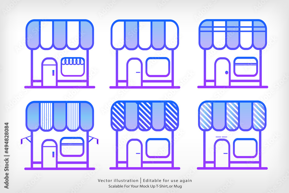 Facade Shop Store Front View Line Art Outline Style Icon Set. Food ...