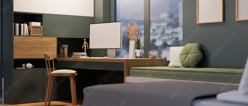 Urban luxury bedroom interior with computer desk workspaceใ Stock Photo ...