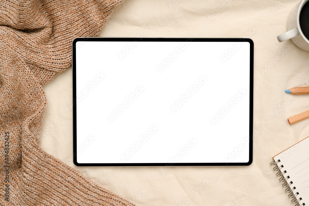 White screen tablet touchpad mockup on white tablecloth Stock Photo ...