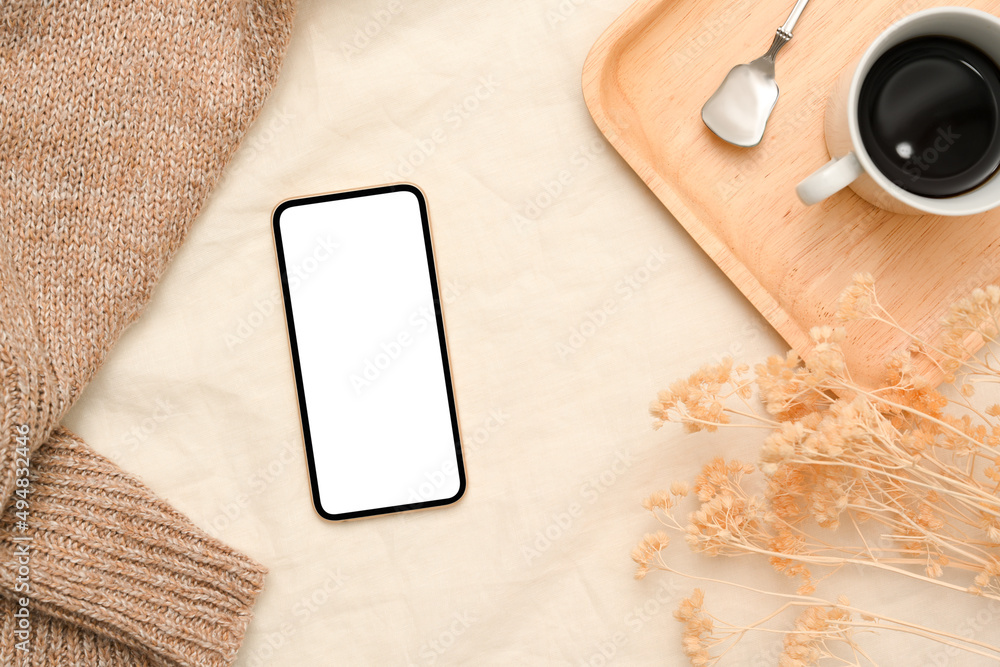 Minimalist feminine table top view with smartphone mockup Stock Photo ...
