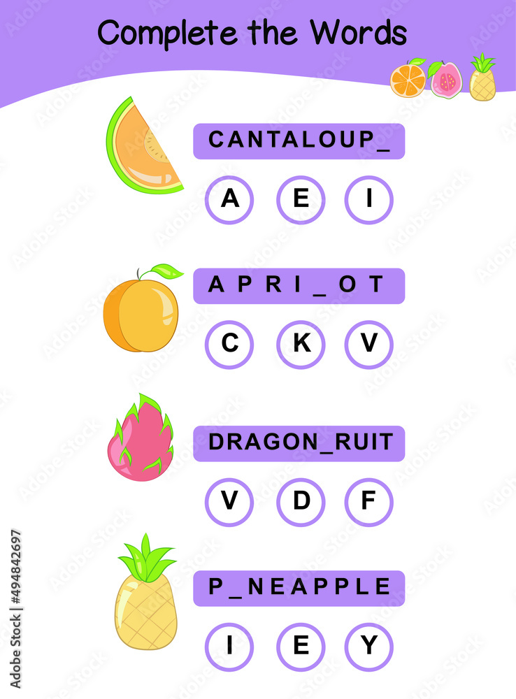 What letters are missing? Complete the words. Fruits Theme Names ...