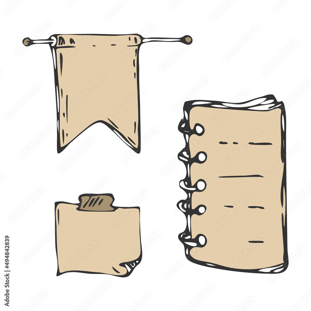 Banner, note paper, book, doodle ink line illustration set. Hand drawn ...