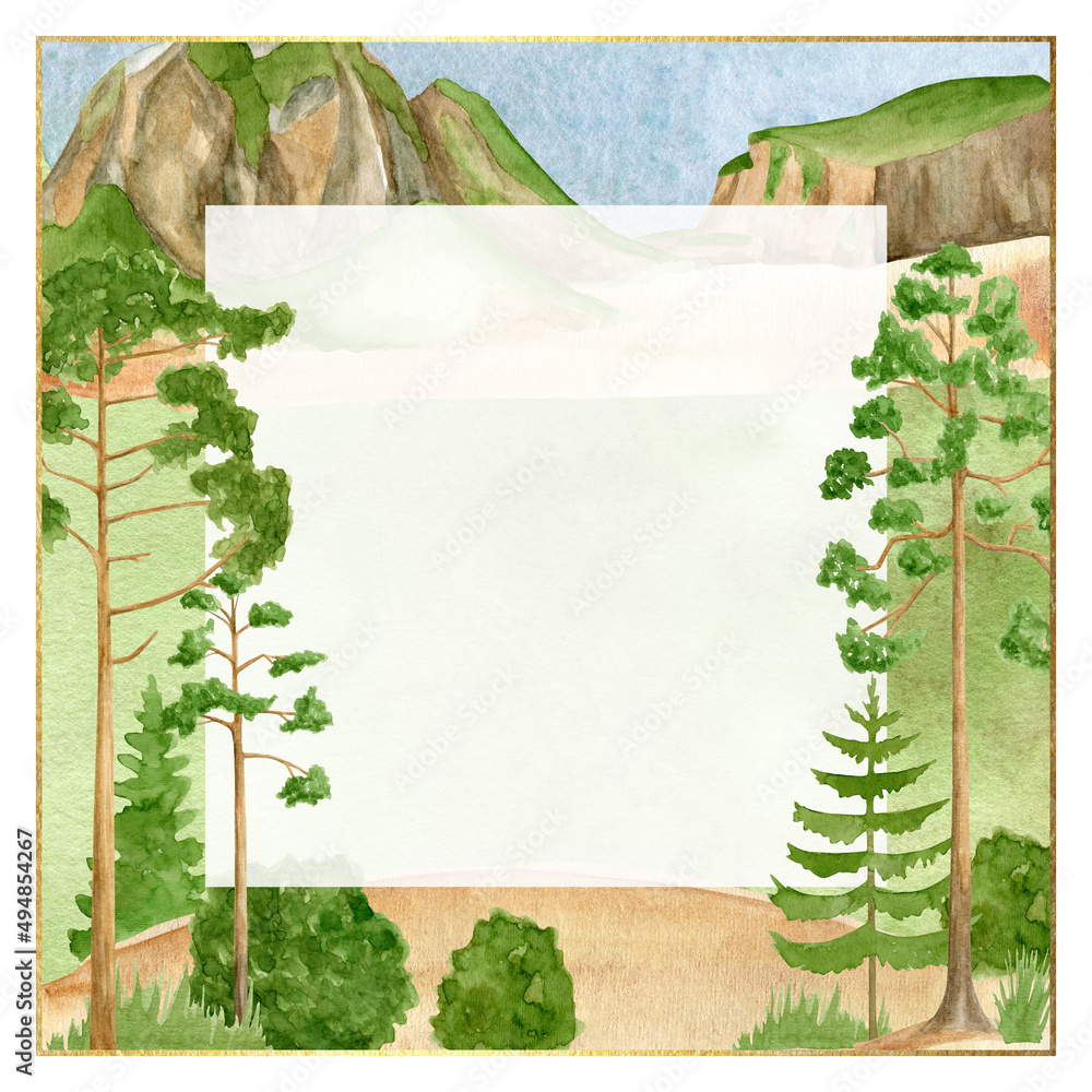 Watercolor woodland mountains frame. Hand drawn square template, green mountain range and pine ...
