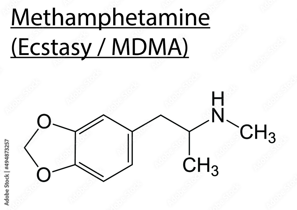 Chemical structure of Methamphetamine (Ecstasy or MDMA) on a white ...