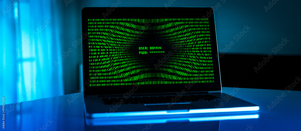 Laptop with green numbers on display. Successful login with credentials ...