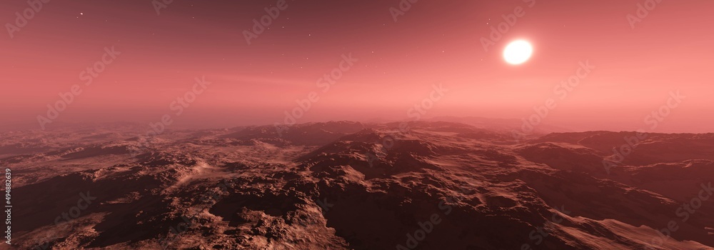 Martian landscape, sunset on Mars, Mars at sunrise, panorama of Mars ...