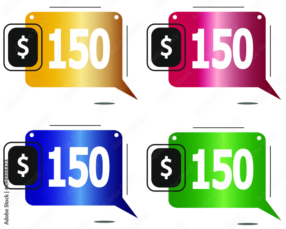 $150 dollars price. Yellow, red, blue and green coin labels. vector for ...