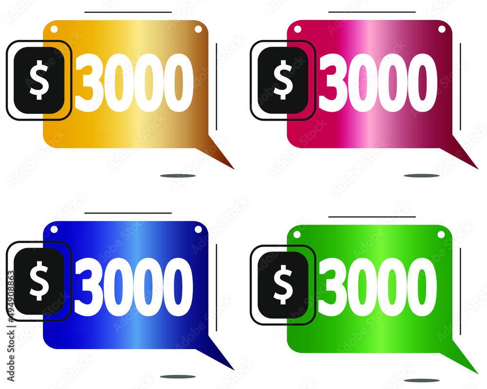 $3000 dollars price. Yellow, red, blue and green coin labels. vector ...