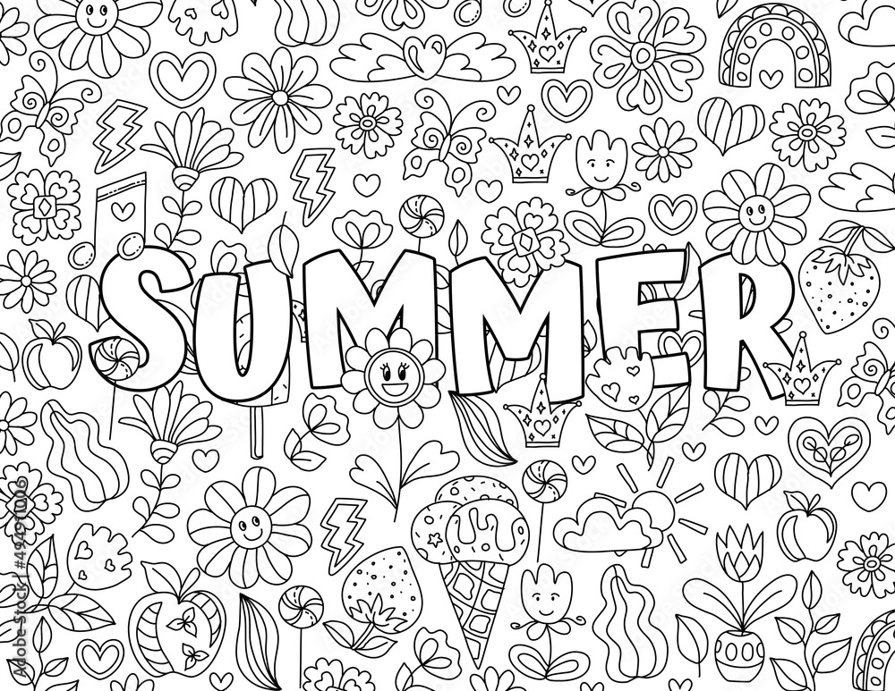 Summer. Hand drawn coloring pages for kids and adults. Motivational ...