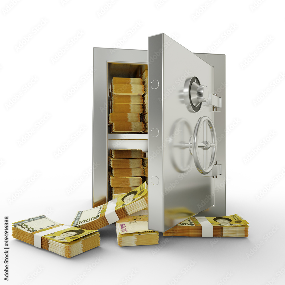 Bundles of South Korean won in Steel safe box. 3D rendering of stacks ...