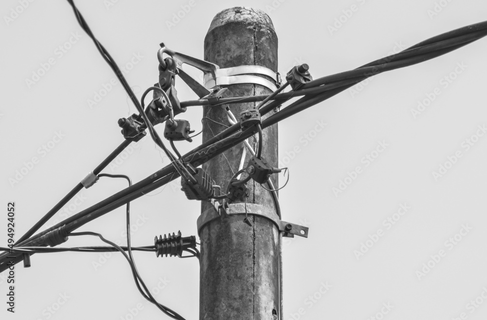 old electric pole. concrete power poles on a white sky background. pile ...