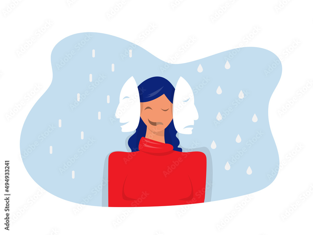 Imposter syndrome; masks with happy or sad expressions.Bipolar disorder ...