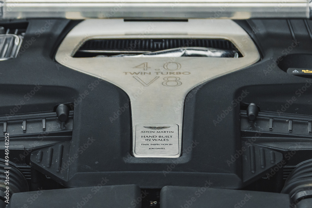Aston Martin DBX SUV engine bay shot, V8 4 liter powered by AMG Stock Photo | Adobe Stock