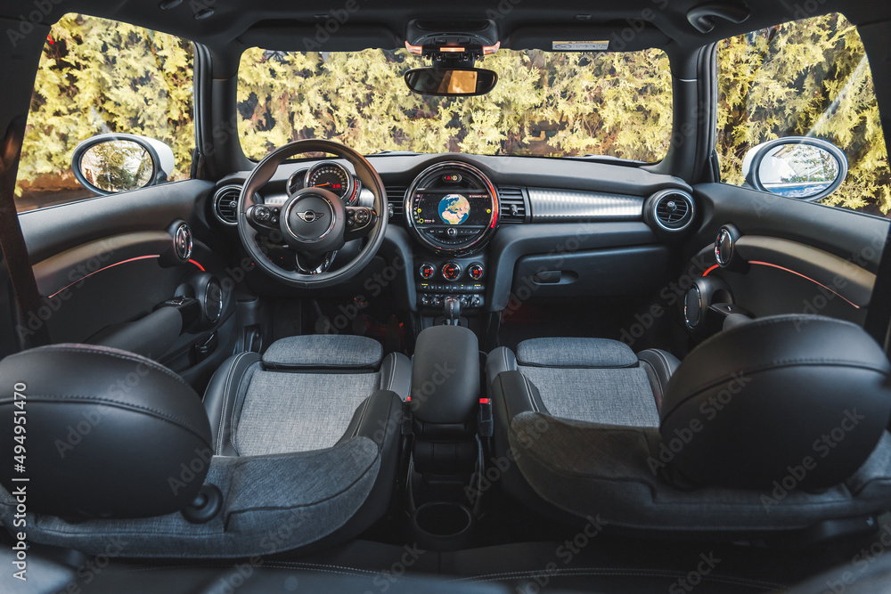 Mini Cooper interior view cockpit, steering wheel and buttons details ...