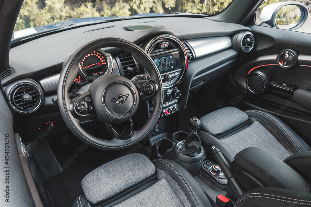 Mini Cooper interior view cockpit, steering wheel and buttons details ...