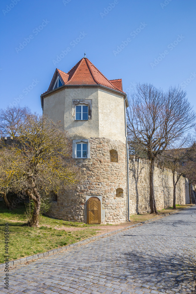 Corner tower on the surrounding wall of the castle in Seeburg, Germany ...