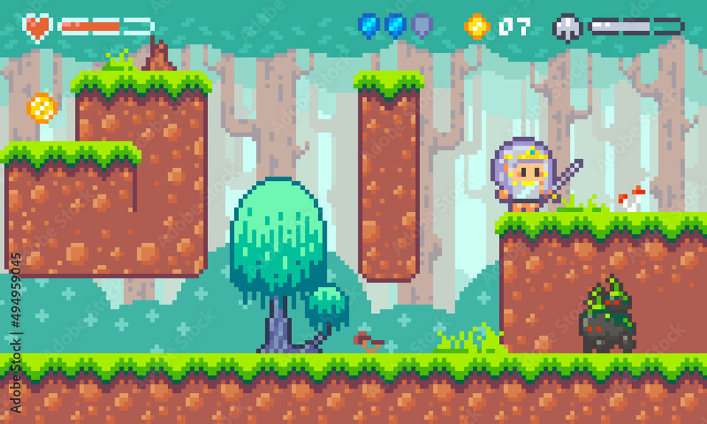 Forest location for a pixel platformer. Mockup includes tileset ...
