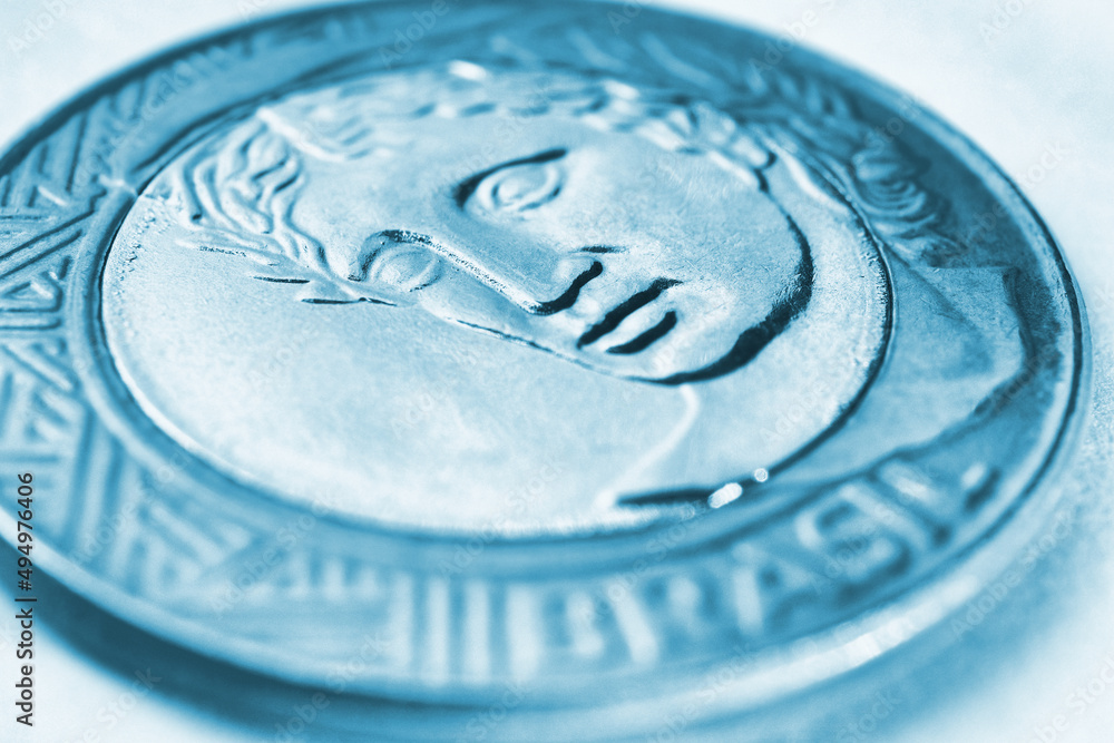 Brazilian 1 real coin close-up. Figure of the Republic, the national ...