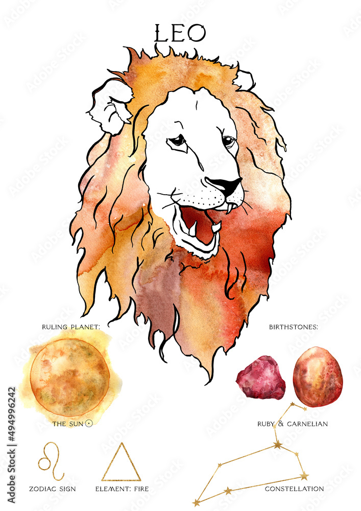 Watercolor zodiac poster of composition leo sign. Hand painted abstract ...