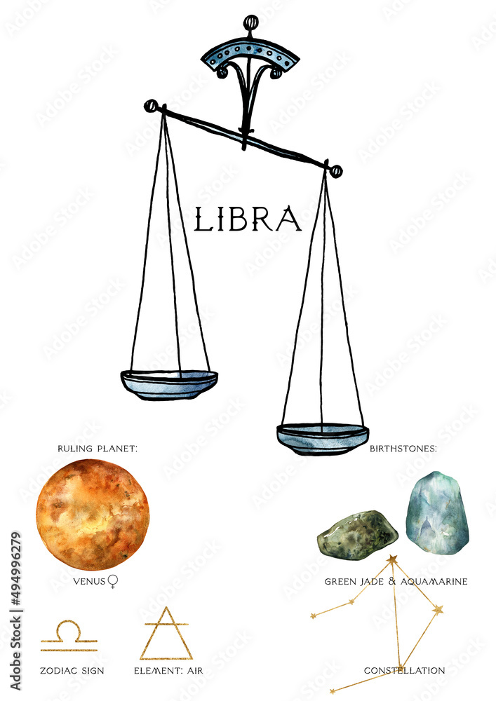 Watercolor zodiac poster of composition libra sign. Hand painted ...
