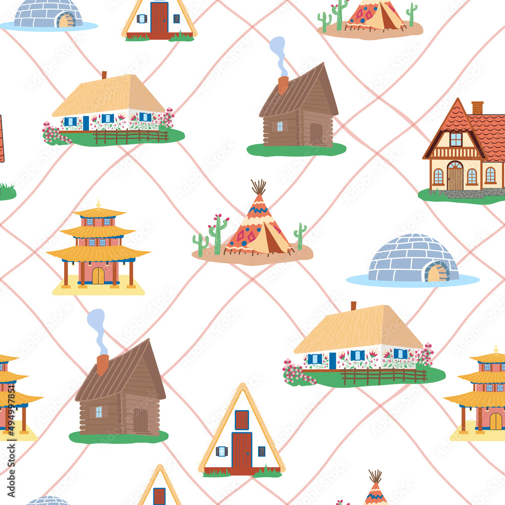 Seamless pattern with Traditional buildings of different countries set ...