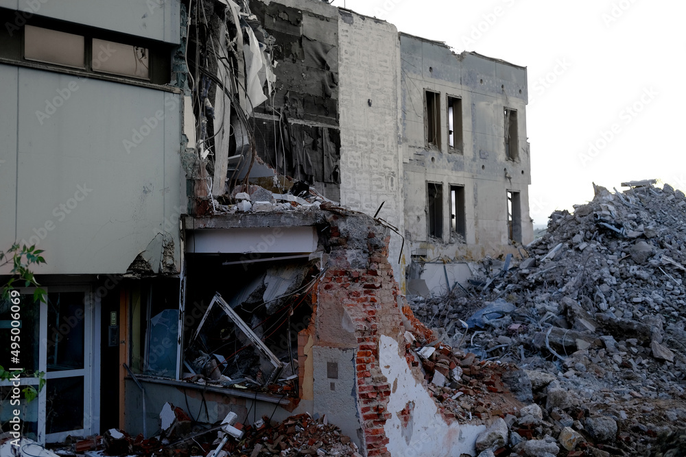 house destroyed by artillery shelling, bomb hit the house, ruined house ...